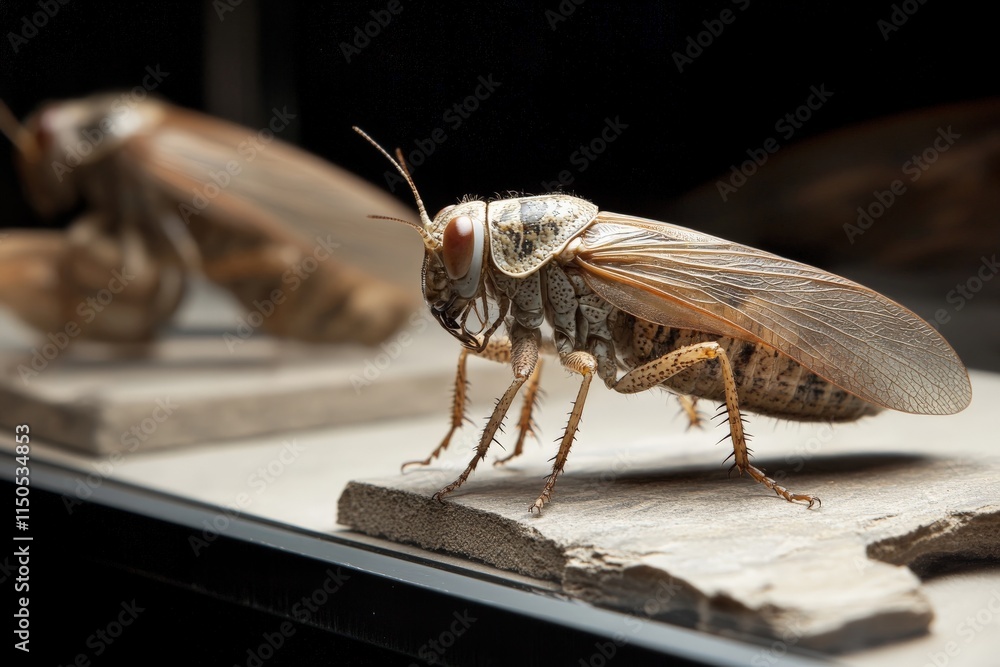 Detailed close-up of a cicada specimen in a museum exhibit showcasing ...