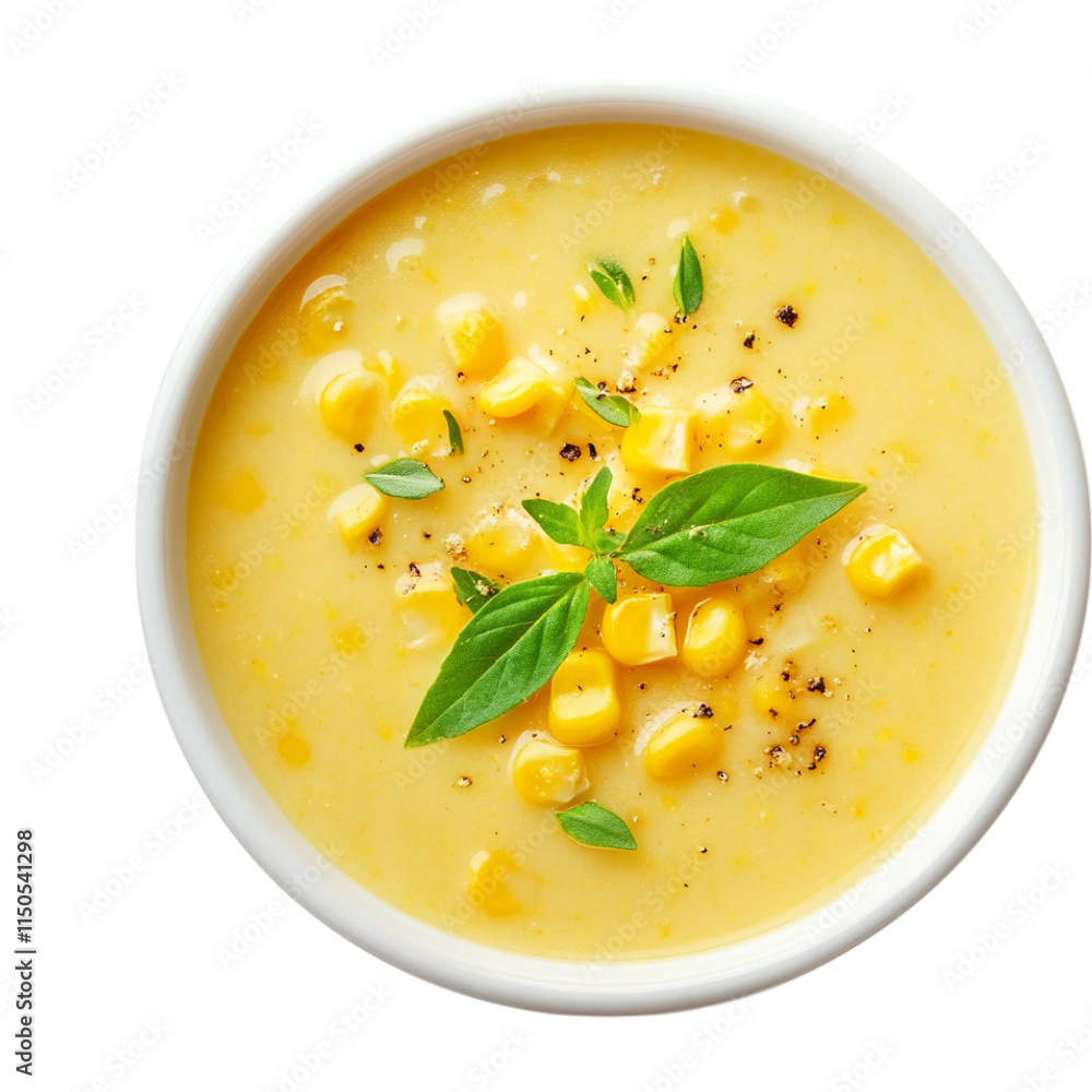 Creamed corn soup on white bowl top view isolated on a transparent ...