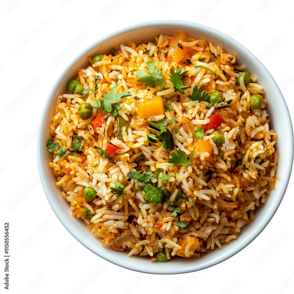 Vegetable biryani in a white bowl top view isolated on a transparent ...