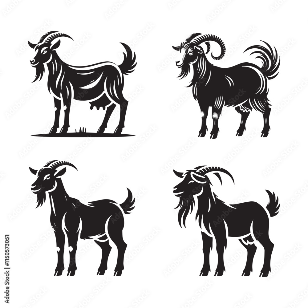 Standing Goat Silhouette Vector Set - Farm Animal Illustrations in ...