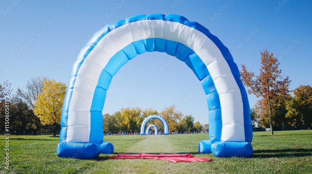 White and blue inflatable arch for sport running race events, marathon ...