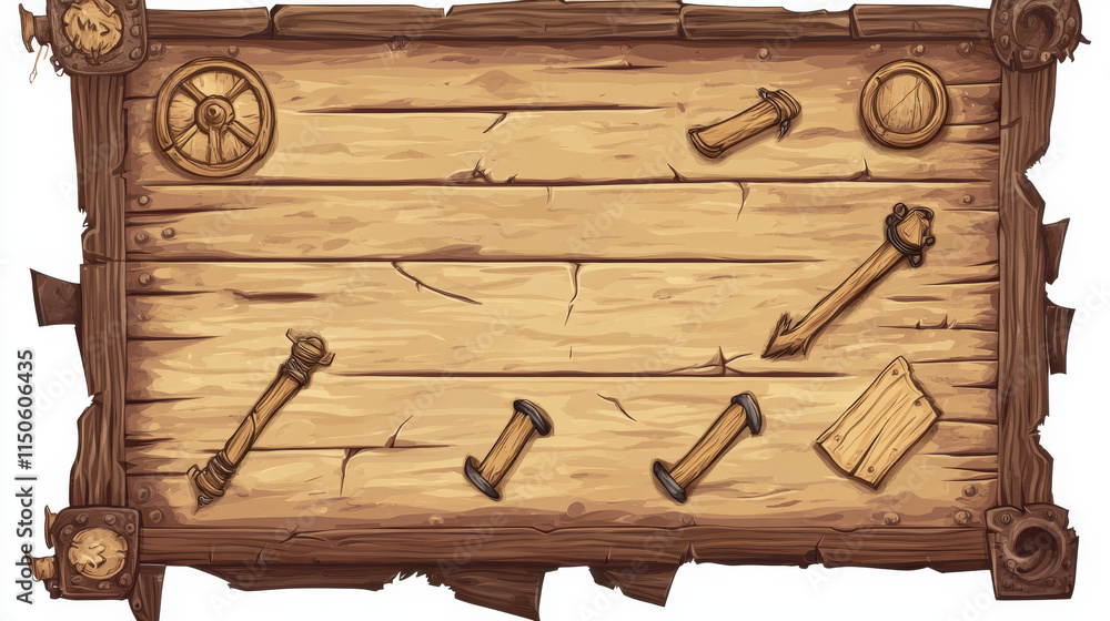Wood pirate ui game frame and board button vector. Wooden texture menu ...