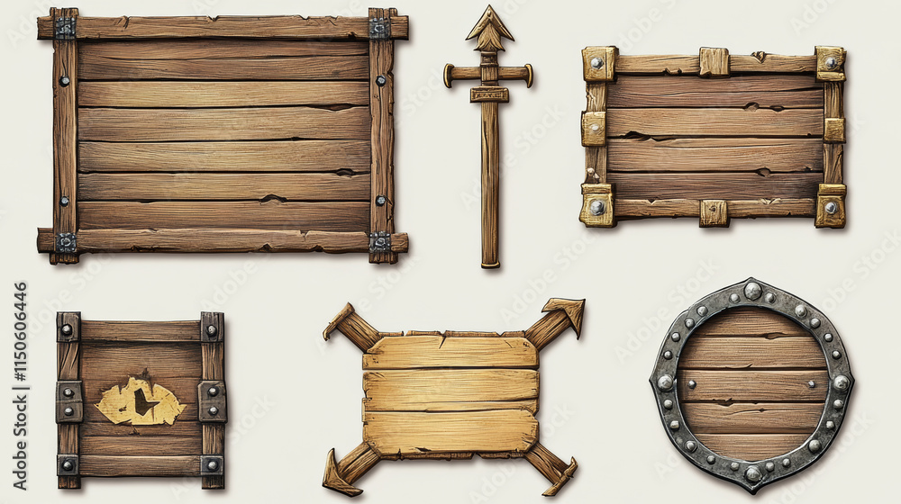 Wood pirate ui game frame and board button vector. Wooden texture menu ...