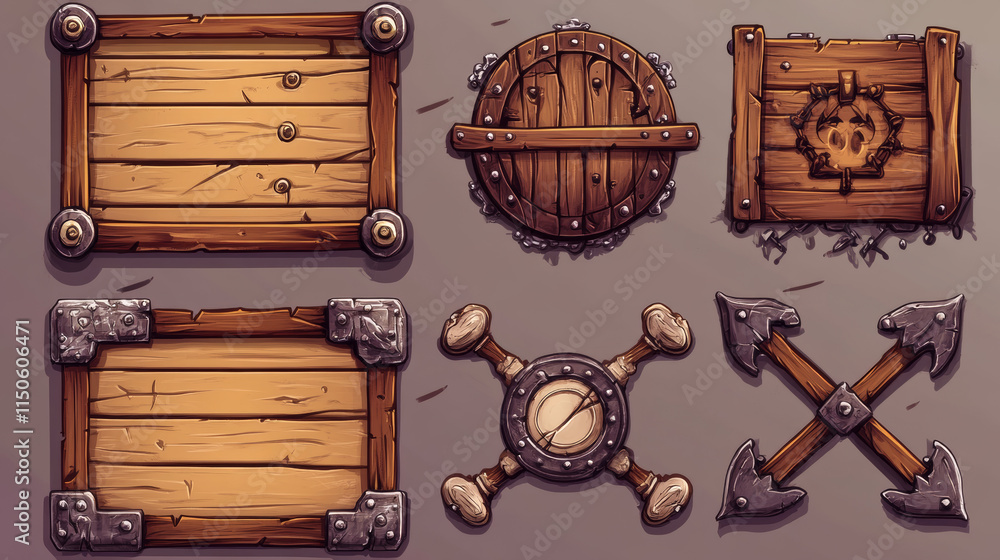 Wood pirate ui game frame and board button vector. Wooden texture menu ...