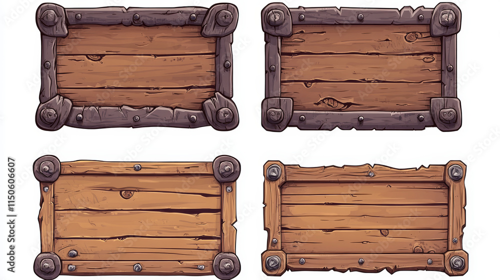 Cartoon wood texture sign board vector game ui border. Vintage wooden ...