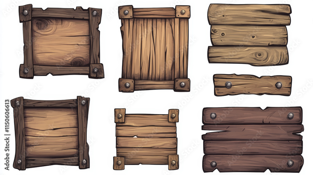 Cartoon wood texture sign board vector game ui border. Vintage wooden ...