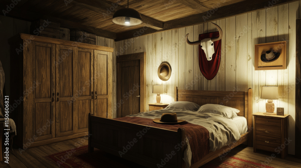 Cowboy bedroom interior at night. Vector cartoon illustration of empty ...