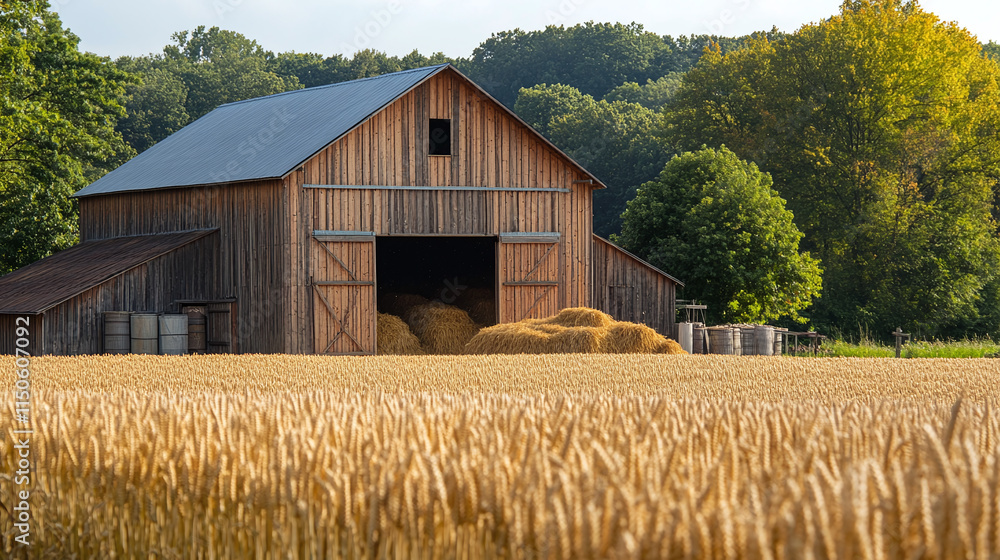 Old wooden barn hangar used for dry harvest storage, situated in a ...