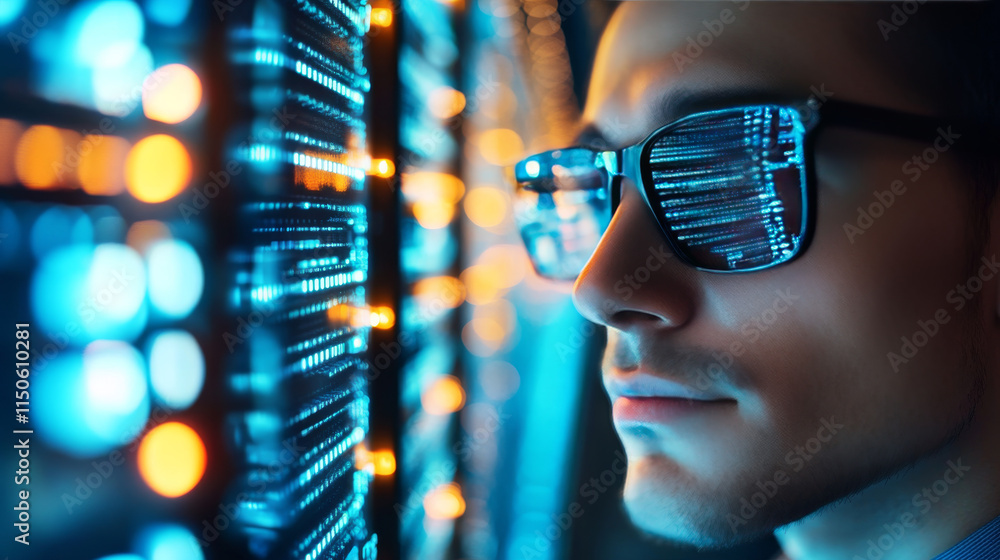 Abstract data center room with bright neon blue and pink light glowing ...