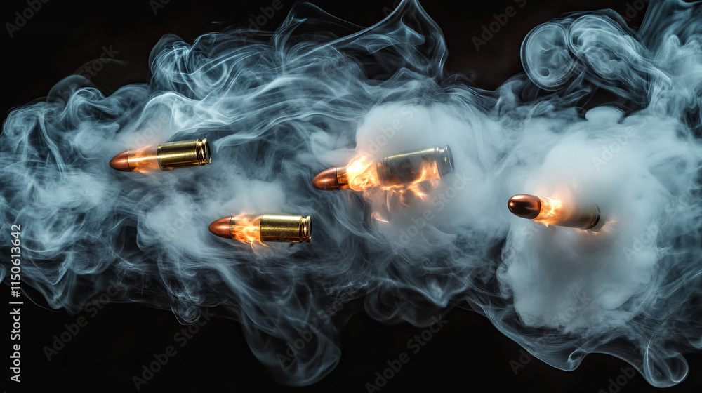 Flying bullets with fire and smoke traces. Vector realistic set of ...