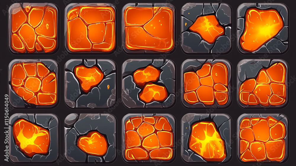 Lava game buttons animation set. Vector cartoon illustration of stone ...