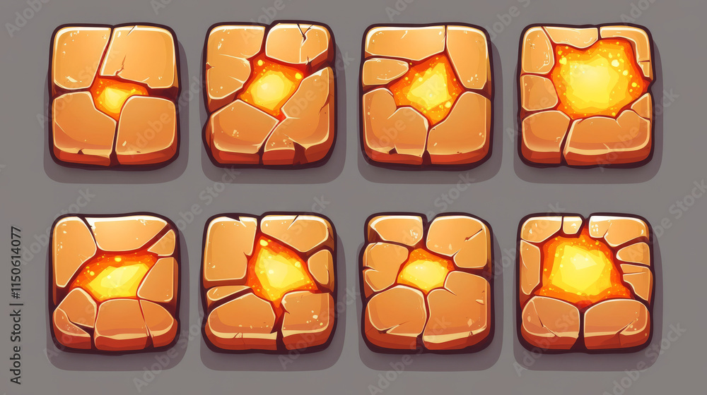 Lava game buttons animation set. Vector cartoon illustration of stone ...