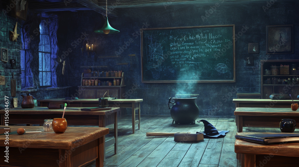 Magic school, classroom interior with wooden desks for pupils and ...