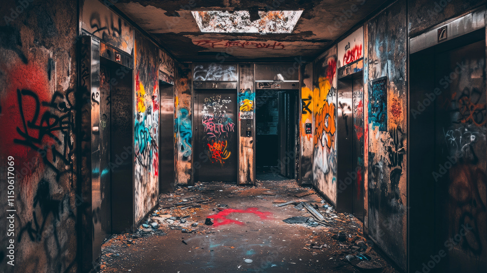 Стоковая иллюстрация «Old dirty hallway with open and closed elevator ...