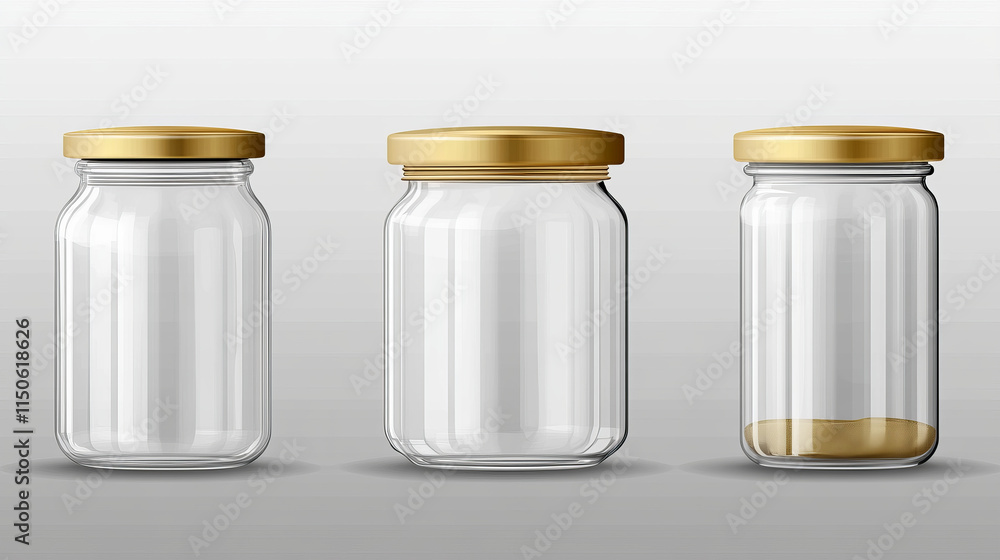 Empty glass jars different shapes with gold lids isolated on ...
