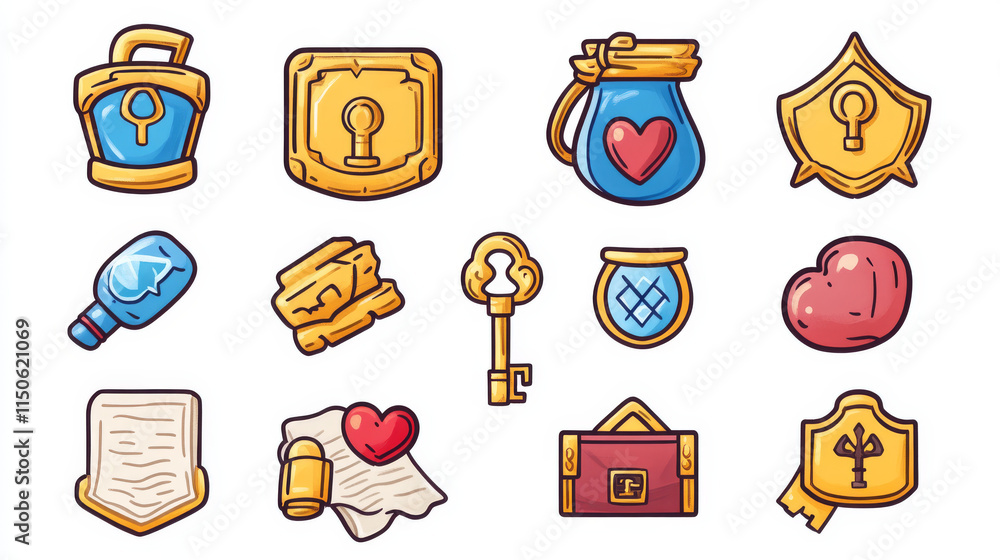 Cartoon game icons gold key, skull, xp, golden padlock, treasure chest ...