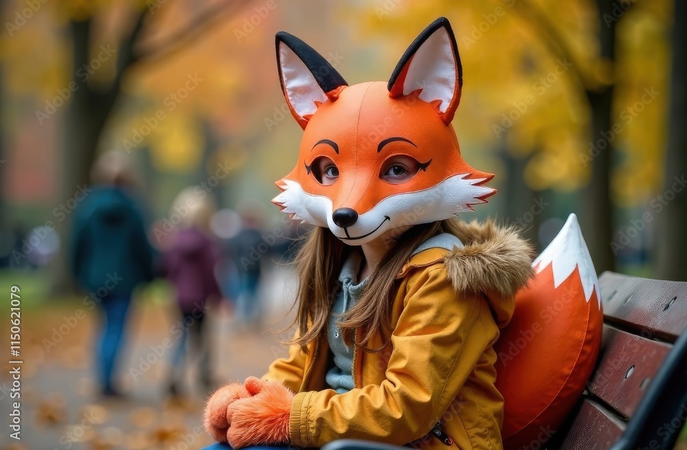 Teenager wearing a ginger carnival fox mask sits on a park bench and ...