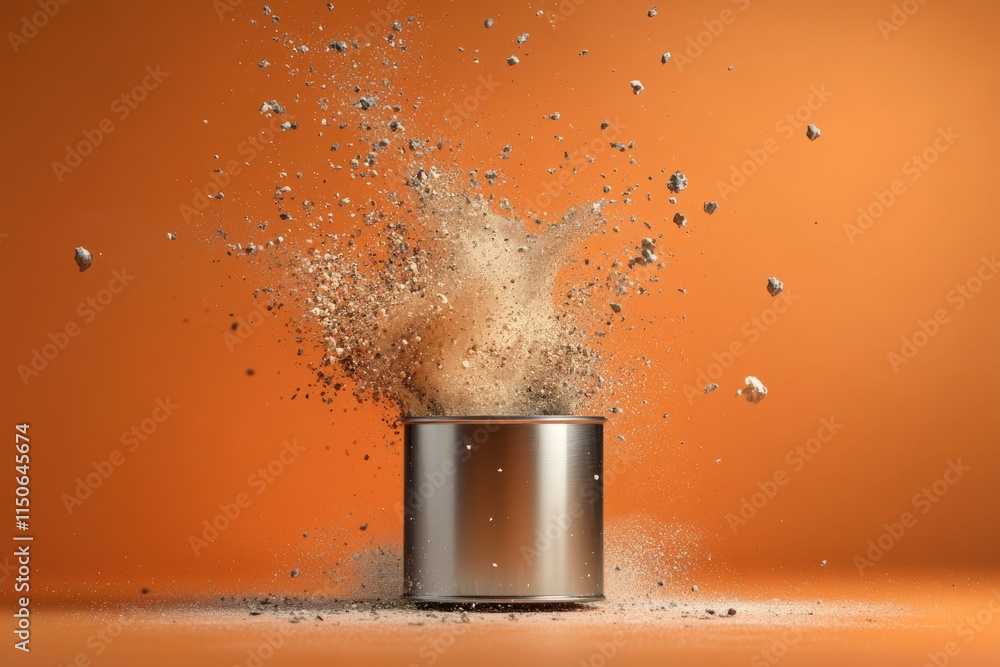 Dust and debris erupt from a metal container against a vibrant orange ...