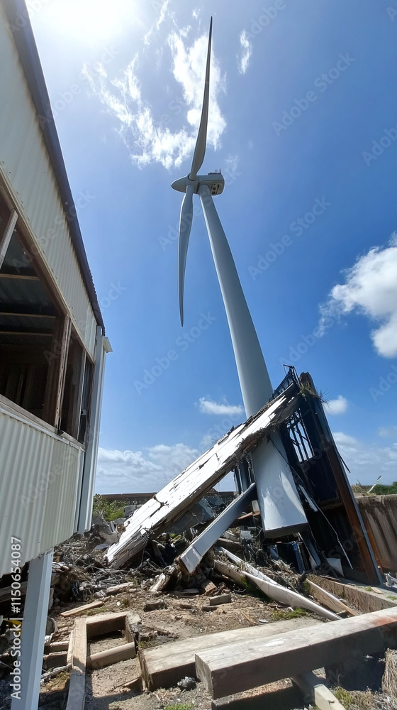 wind turbine leaning precariously after strong winds damaged its ...