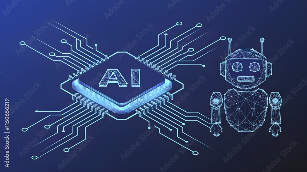 AI chip and chatbot icon on technology blue background. Artificial ...
