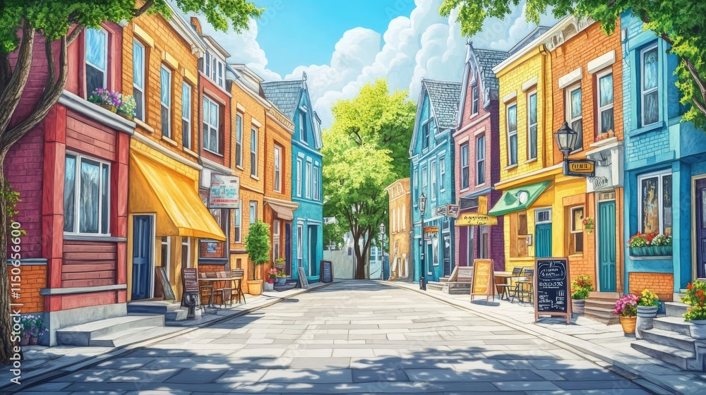 Cartoon city street with nice houses and cafe. Vector illustration of ...