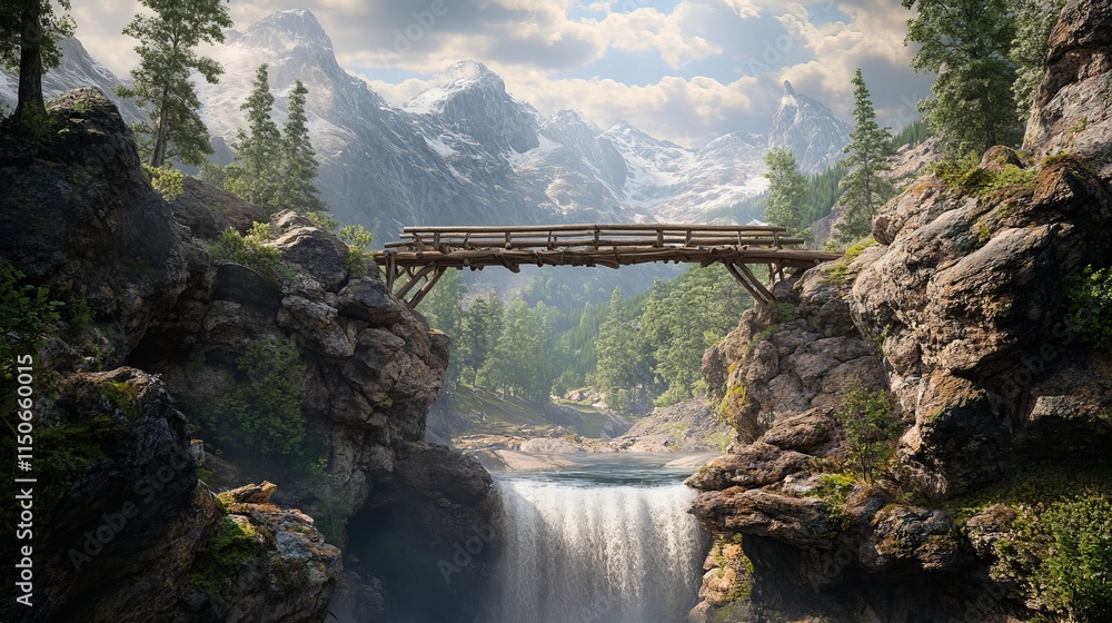 Log bridge between mountains above cliff in rock peaks landscape with ...