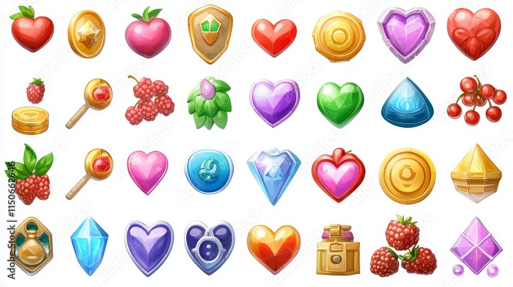 Game icons pack with potion, gold cup, heart, berries, candies and ...