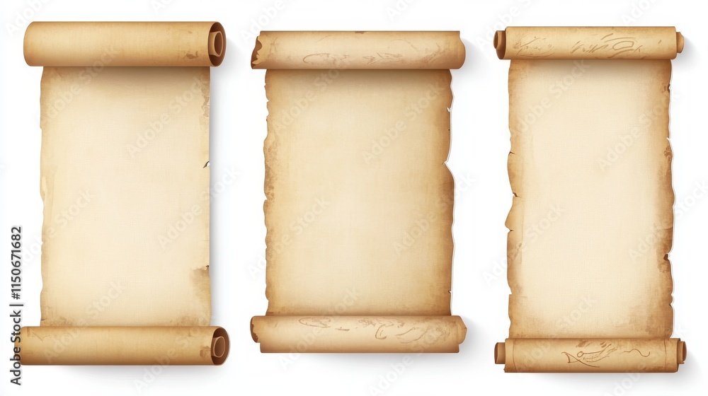 Cartoon parchment rolls, blank scrolls and paper banners, open and convolute antique manuscript ...