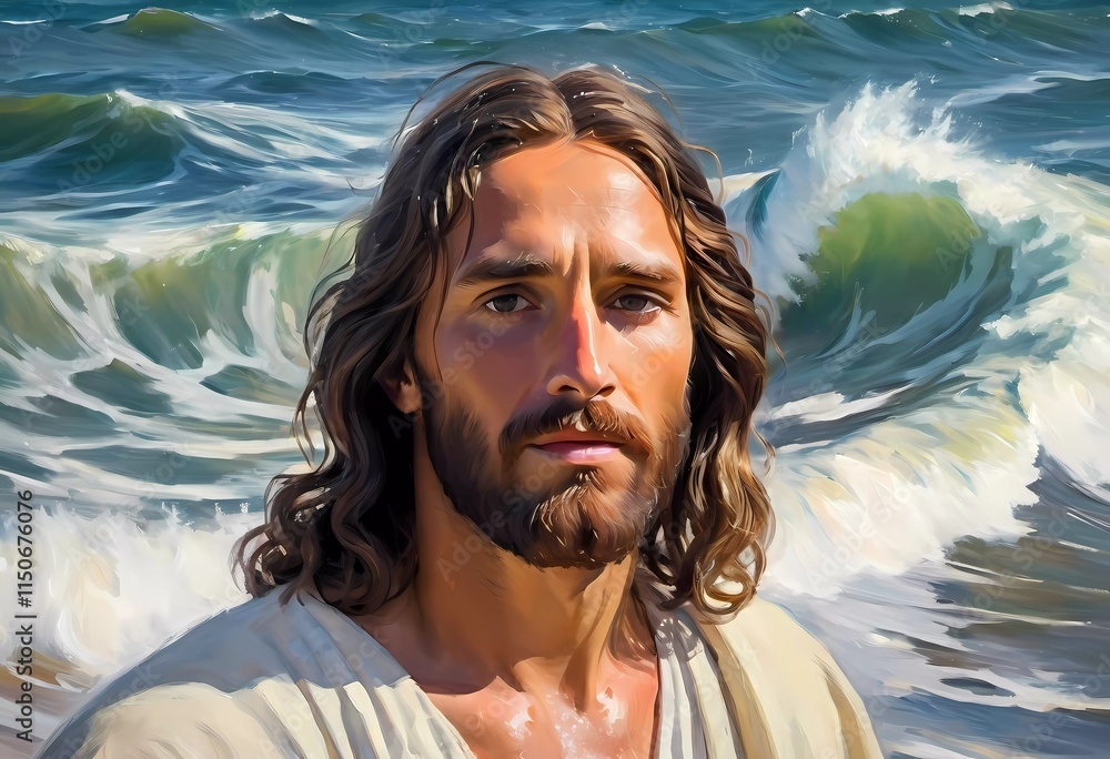 Christ on the waves. Portrait of a Man Dressed as Jesus. White robe ...