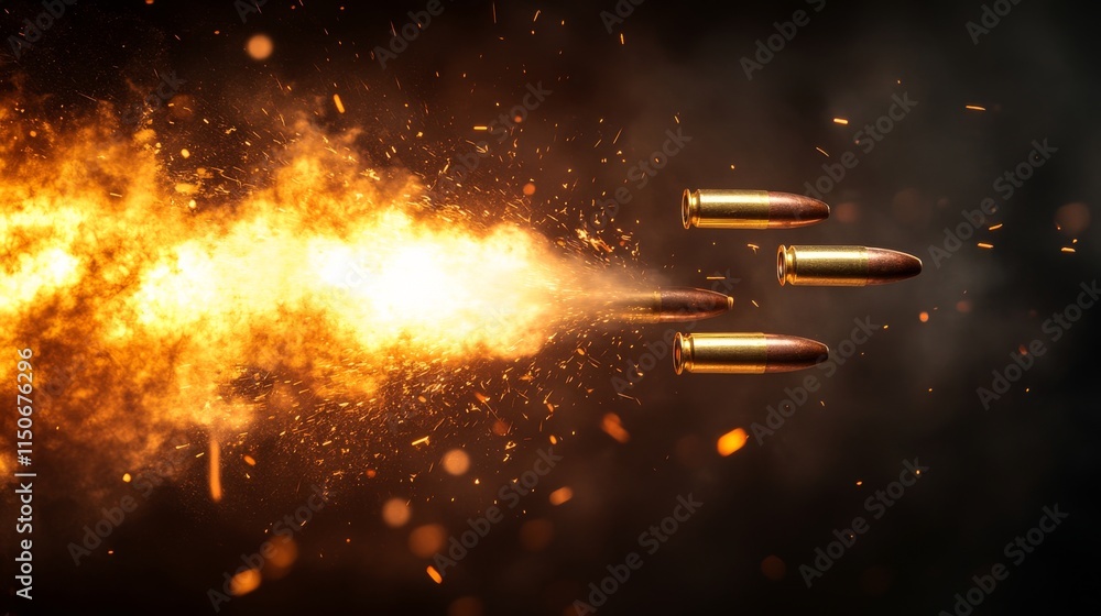 Gun shot with fire and smoke. Weapon firing effects. Vector realistic set of gun muzzle flashes ...