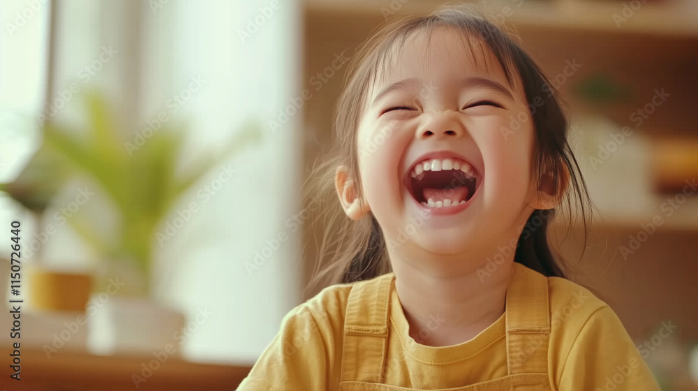 A joyful Asian girl, a kindergarten student, bursts into laughter while ...