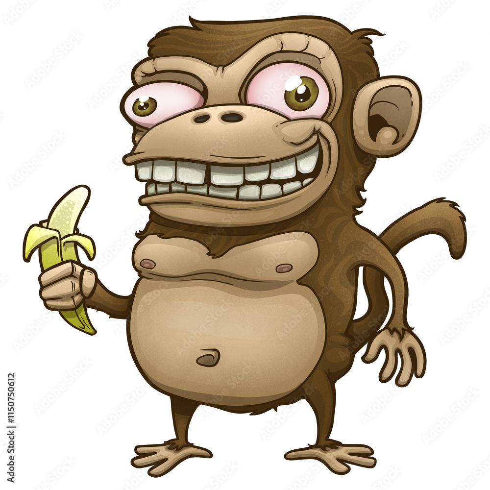 weird monkey chimpanzee chimp holding a banana, bulging eyes and smile ...