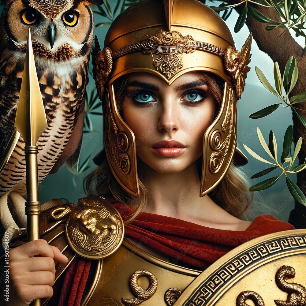 Athena, the Greek goddess of wisdom and war, in a golden helmet and ...