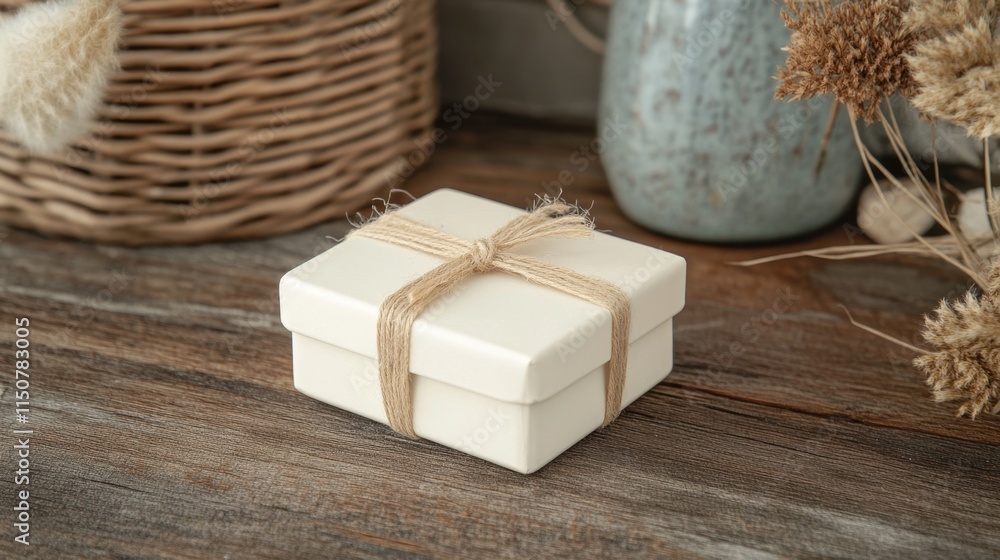 Elegant cream gift box tied with natural twine, placed on rustic wooden ...