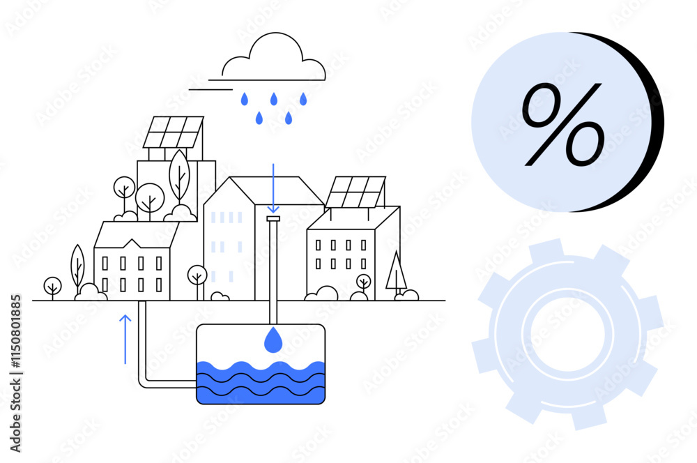 Cityscape with buildings equipped with solar panels, rainwater ...