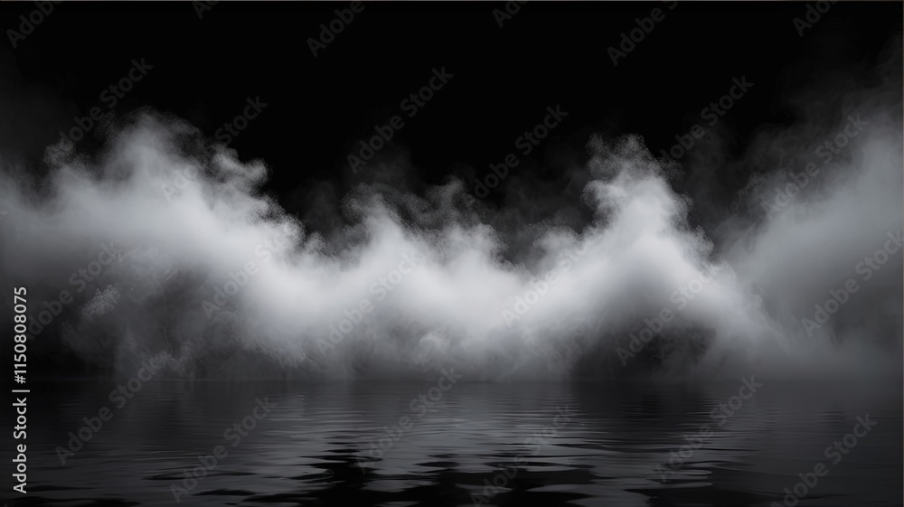 Realistic illustration with spooky smoke and steam above water surface ...