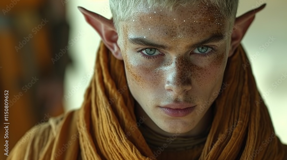 EXTREME CLOSE-UP SHOT, a handsome male pale elf, white milky skin ...