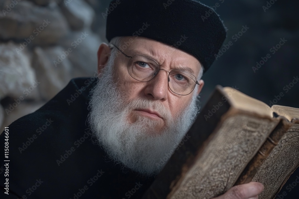 Sacred reflection - aged rabbi engrossed in Hebrew texts, embodying ...