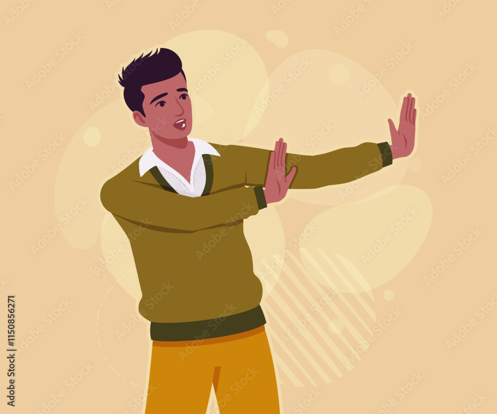 Handsome dark skin young businessman no, stop pose. Guy in sweater ...