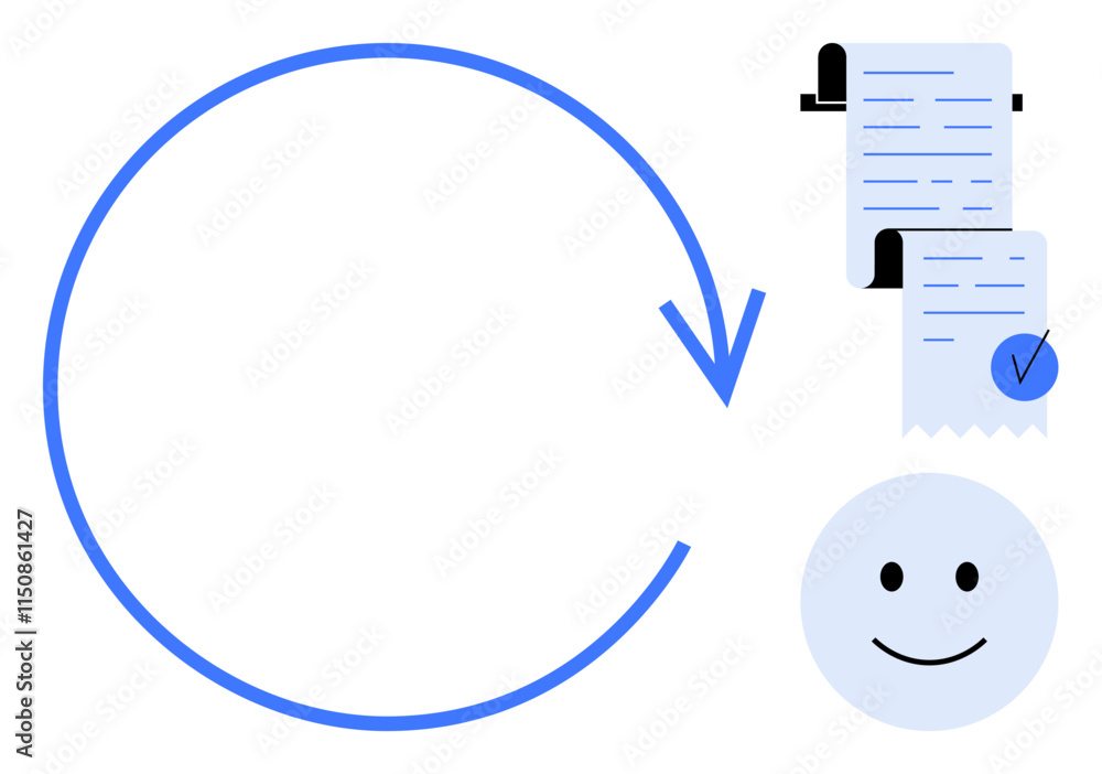 Blue circular arrow symbol, checklist with a checkmark, and smiling ...