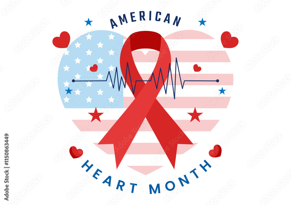 February is American Heart Month Vector Illustration Featuring a USA ...