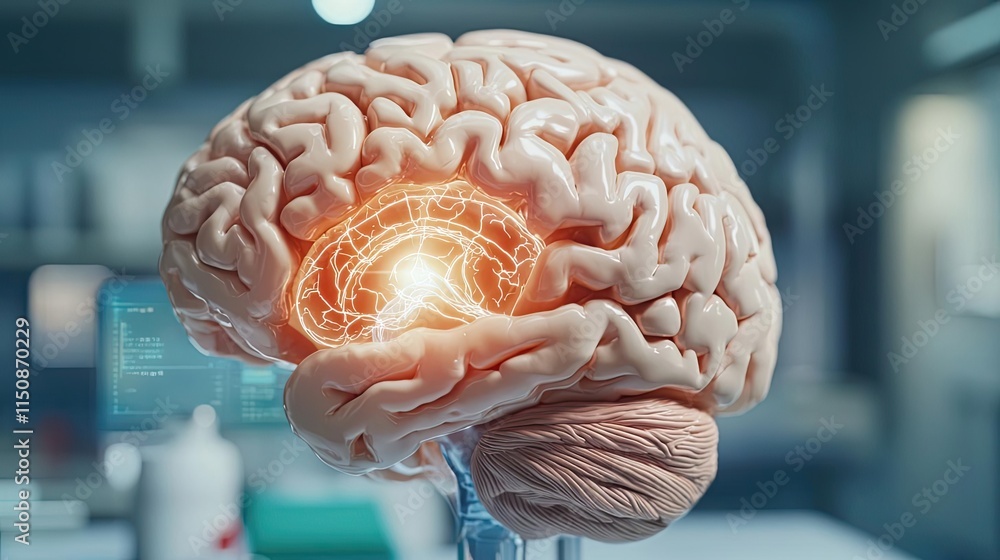 Depression disease concept. A detailed illustration of a human brain showing neural activity and ...