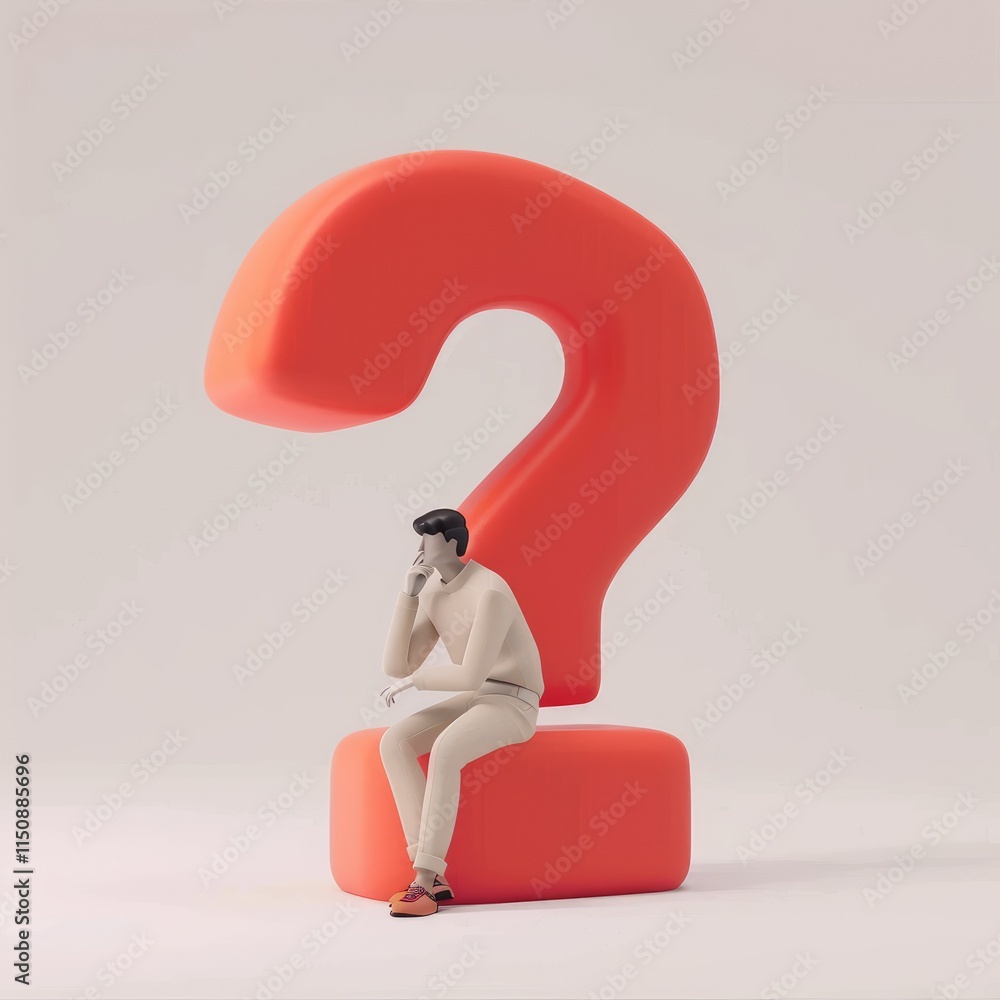 A 3D icon of a man thinking, sitting on a large question mark, set ...