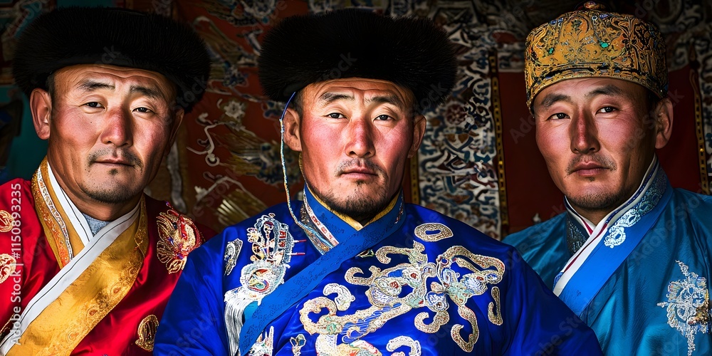 Group of Mongolian men in traditional clothing, standing proudly in the ...