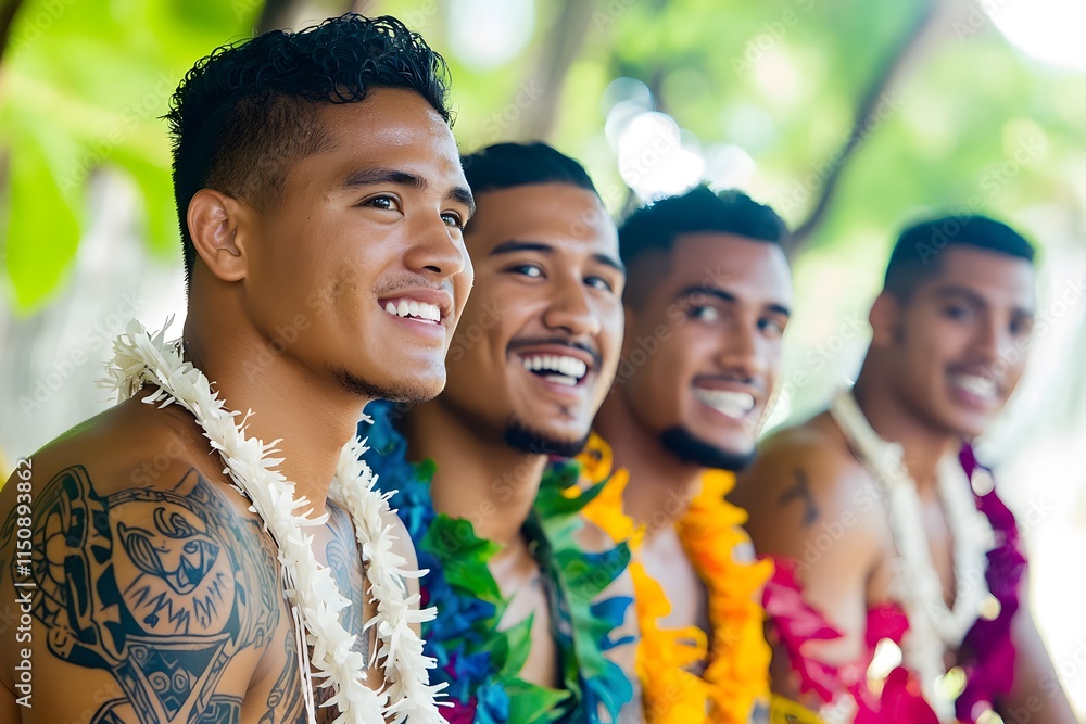 Group of Samoan men in traditional dress, standing proudly in a ...