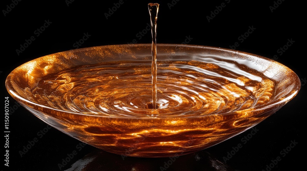 Thick stream of melting chocolate pouring from above, forming ripples ...