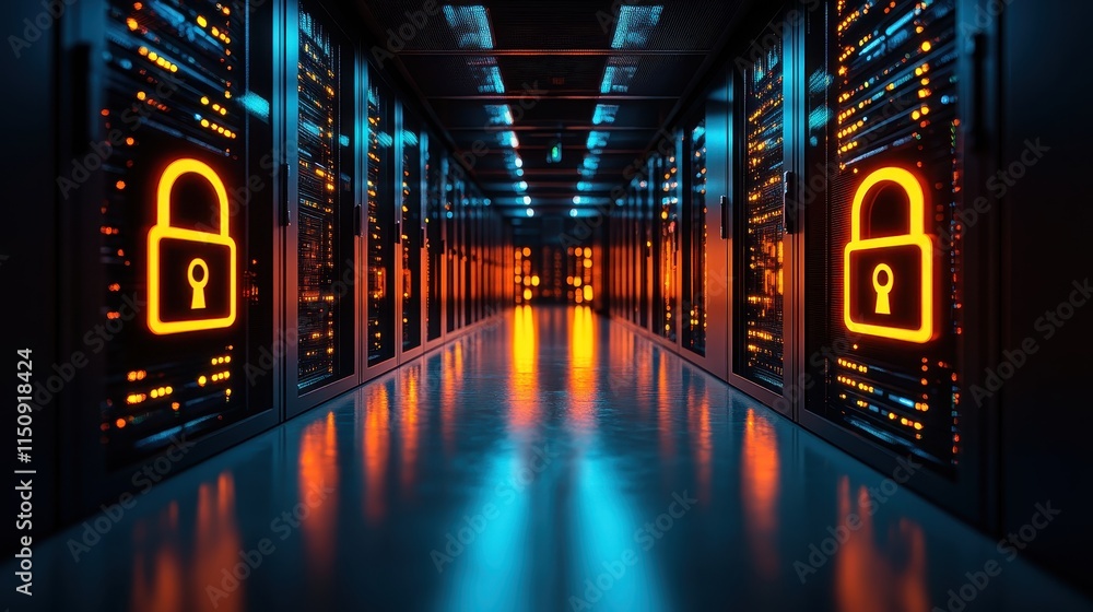 Visual of a secure server room with glowing padlock icons hovering ...