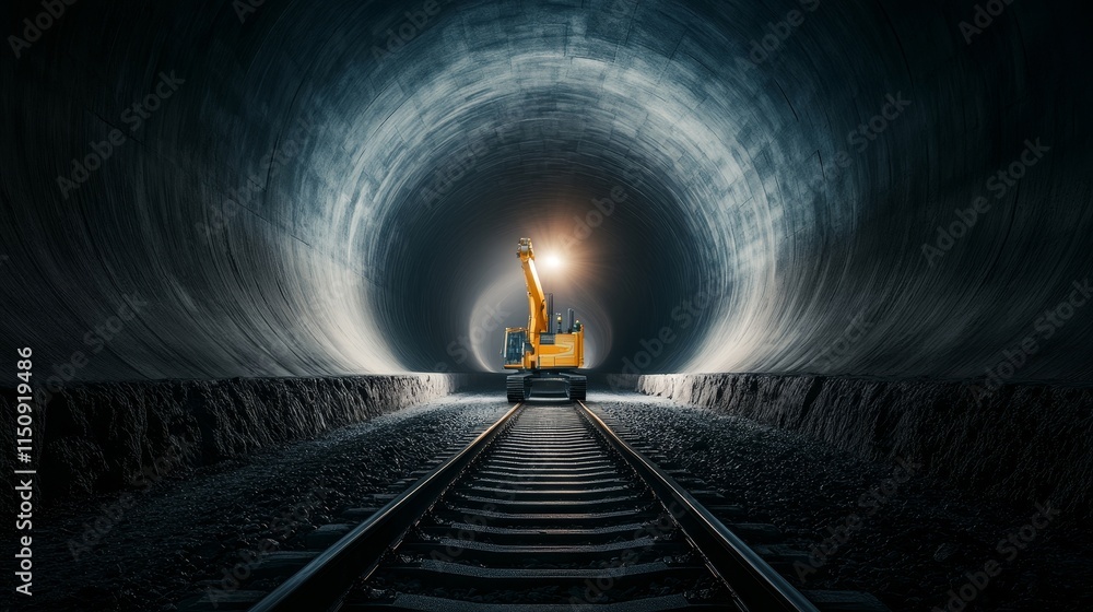 Excavator in Dark Tunnel: Illuminated Machinery on Tracks for ...