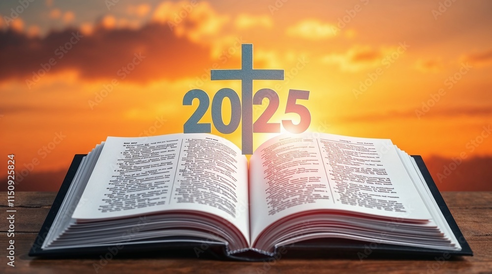 Open bible with christian cross and 2025 on top over sunset sky ...