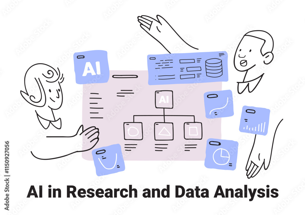 AI in research and data analysis concept with people interacting around ...